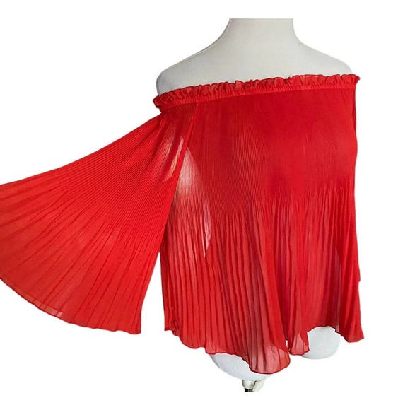 Zara | Tops | Zara Off Shoulder Bell Sleeve Pleated Crinkle Red Blouse ...
